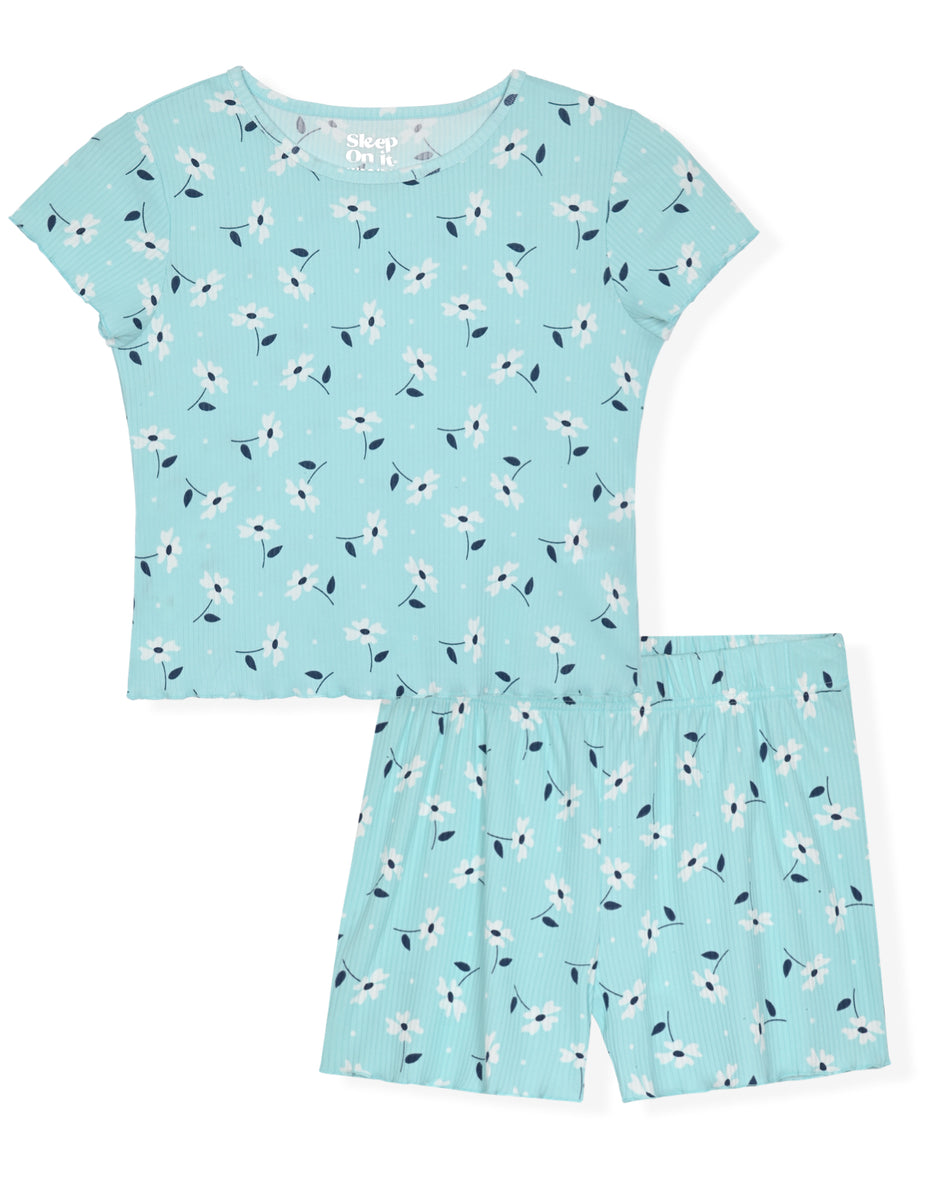 Sleep On It Girls 2-Piece Short Sleeve Pajama Shorts Set – Ribbed Milk ...